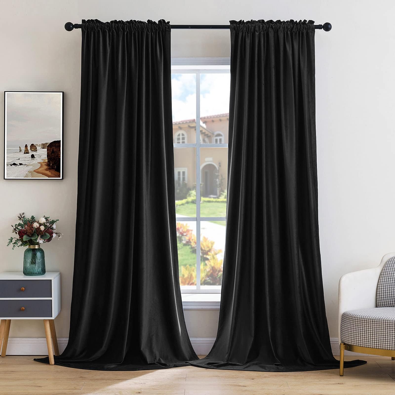 Amazon.com: SMILETIME Black 54in Long Velvet Curtains with Rod Pocket ...
