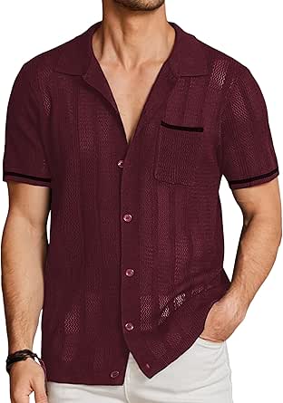 COOFANDY Button Down Polo Shirt for Men Knit Shirts Short Sleeve Vintage Casual Beach Tops Wine ...