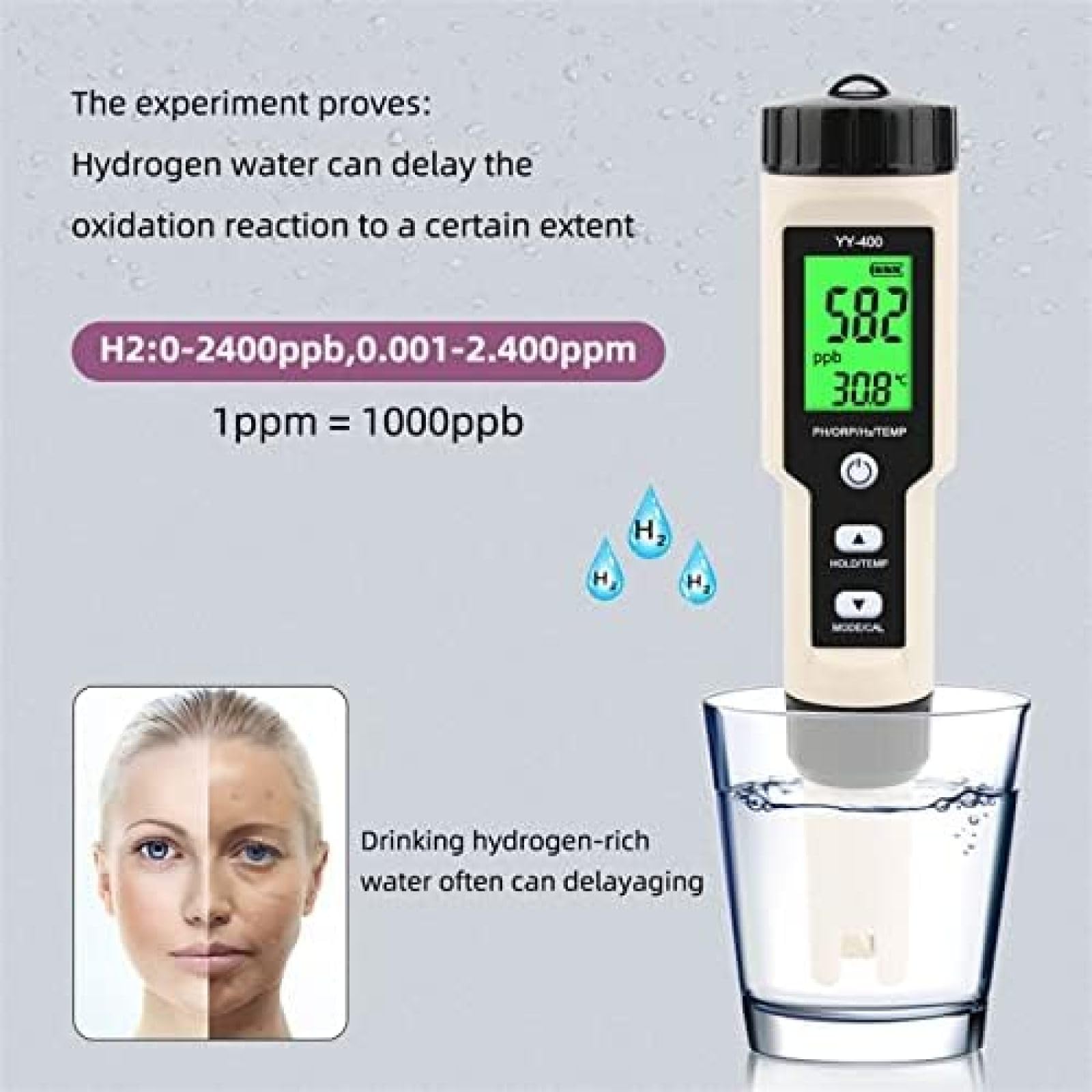 Orp Meter For Testing Drinking Water Hydrogen Water Tester 4 In 1 PH,H2 ...