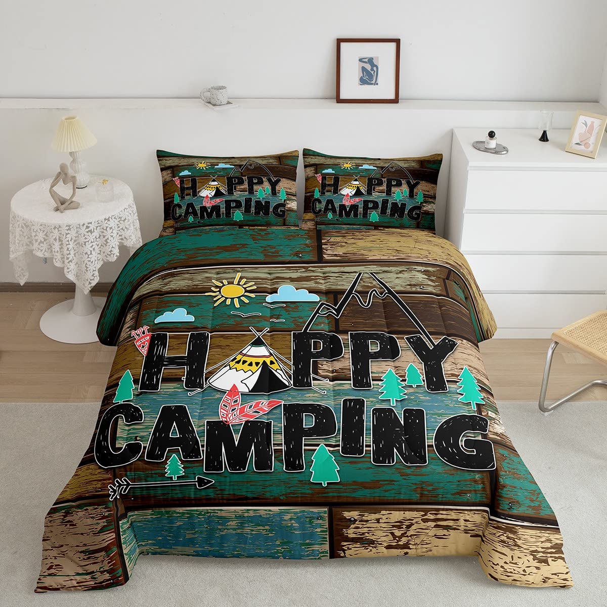 Amazon.com: Happy Camping Campers Comforter Set Queen,Wooden Door Pines ...