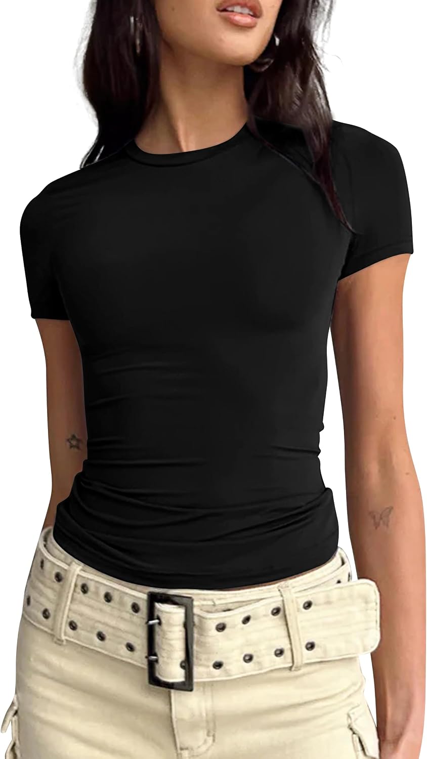 BAIGRAM AKLOPVII Women’s Basic Slim fit Crop Top Tee Shirt Short Sleeve ...