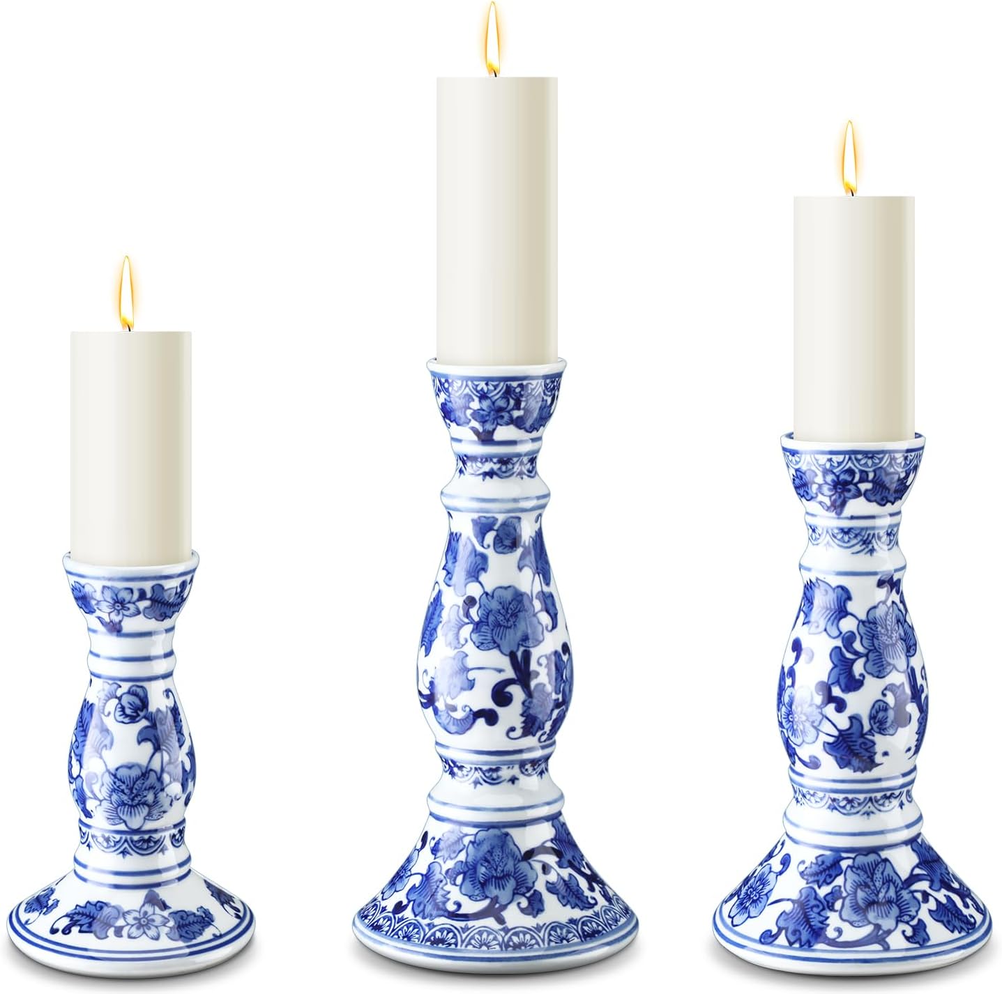 Amazon.com: Soaoo Set of 3 Blue and White Porcelain Ceramic Pillar Candle Holder Chinoiserie ...