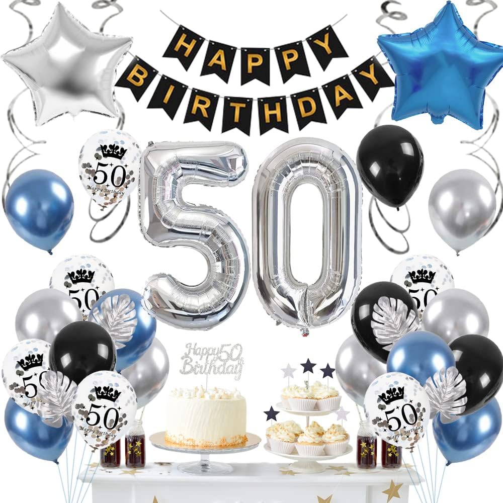 50 Geburtstag Dekoration Set, Happy Birthday Luftballons Blau Silber ...