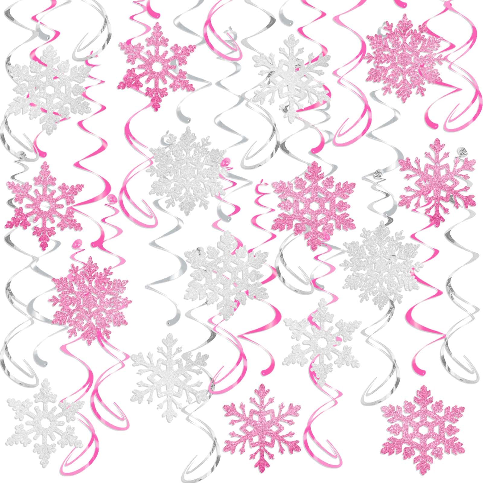 Amazon.com: 32 Pcs Pink Silver Glitter Snowflake Hanging Swirls ...