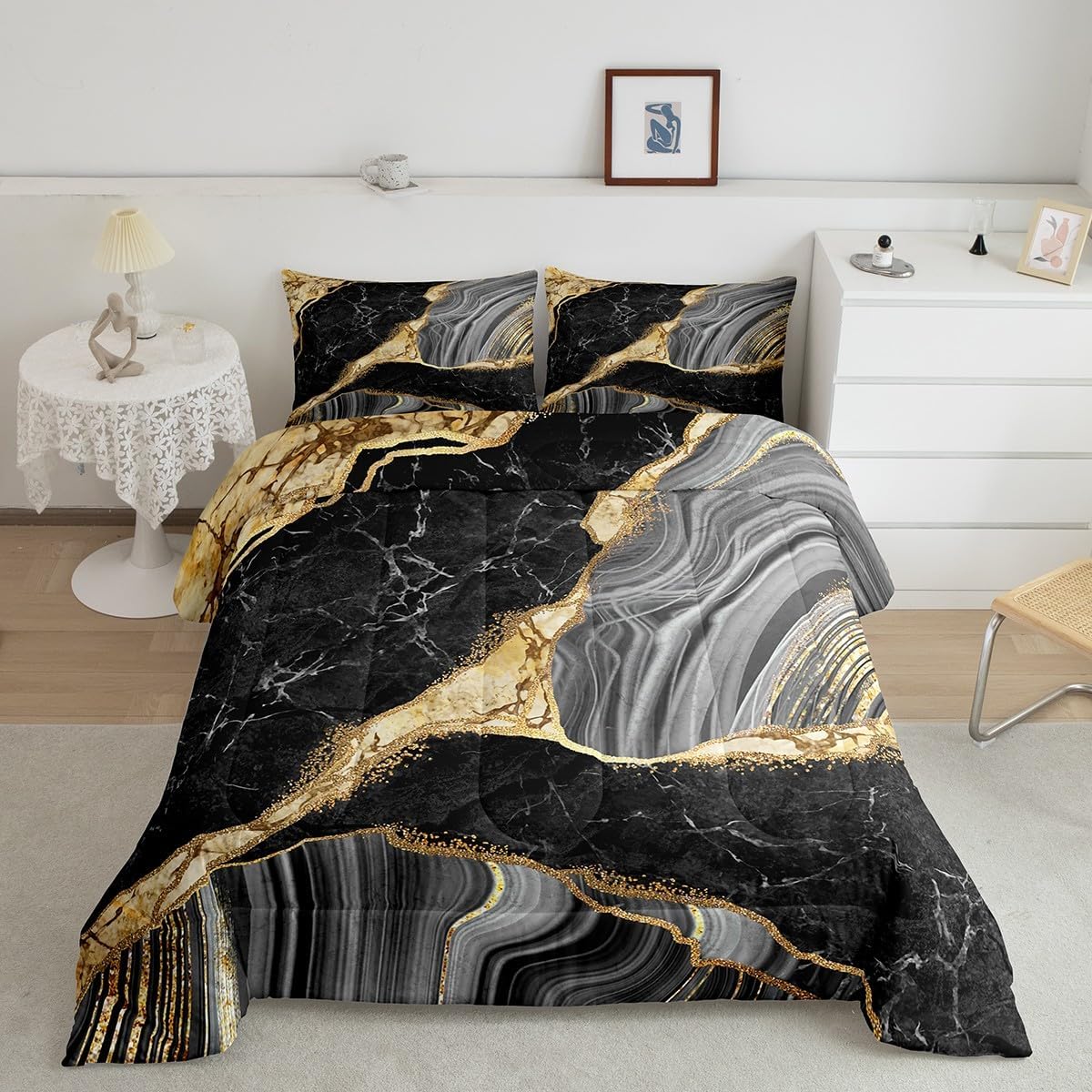 Amazon.com: Feelyou Black & Gold Metallic Marble Comforter Set ...