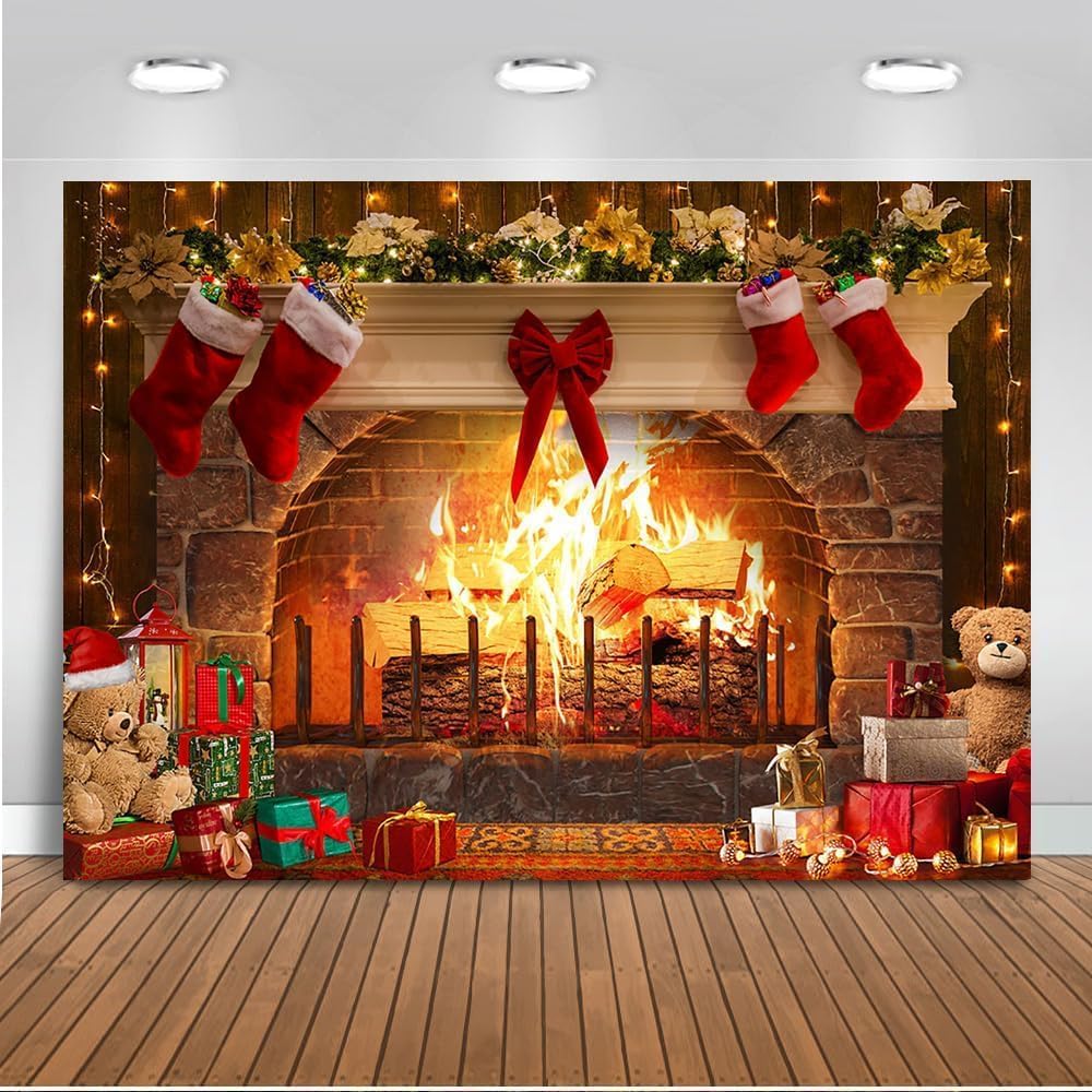 Amazon.com : Mocsicka Christmas Fireplace Backdrop for Photography ...