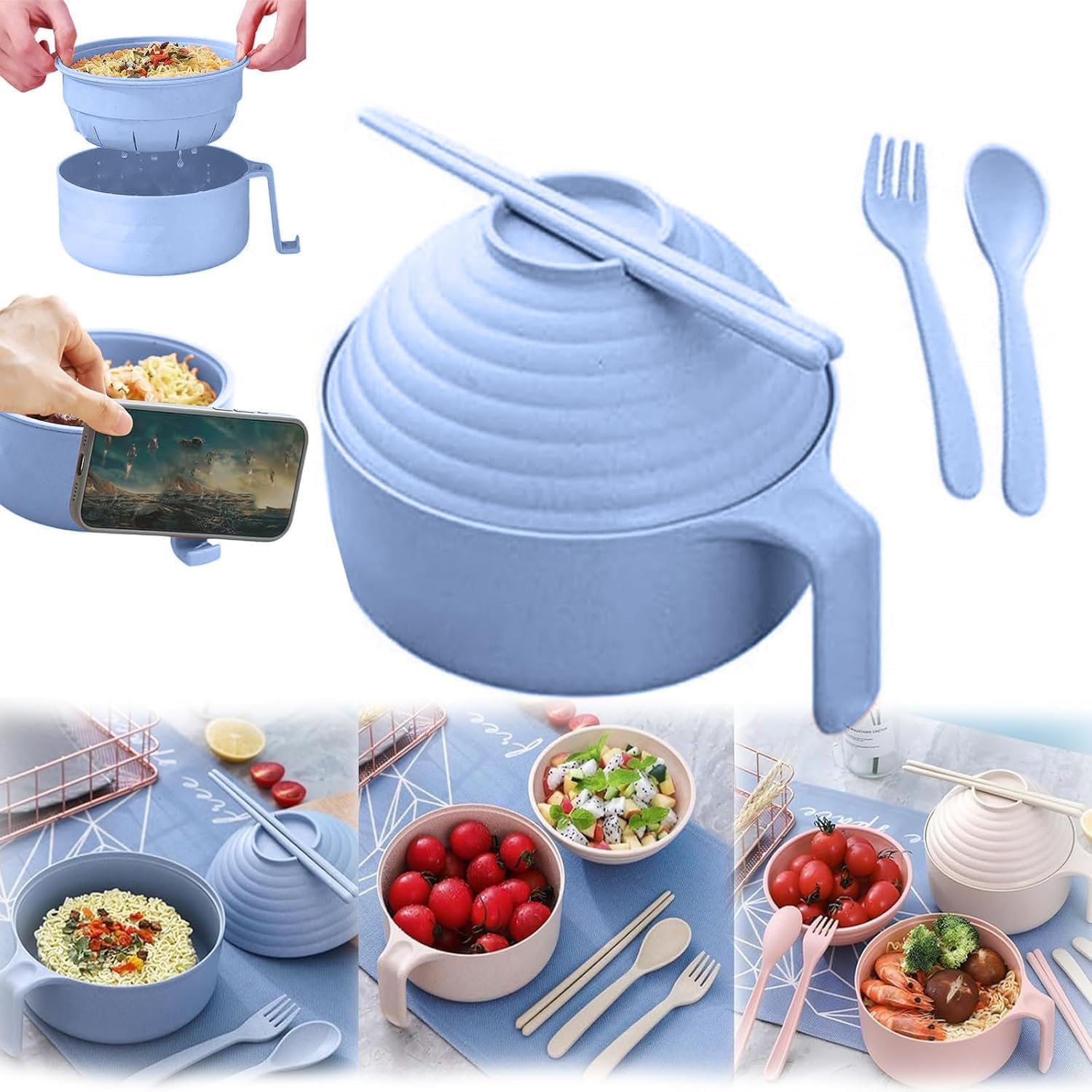 Amazon.com: Portable Ramen Noodle Bowl Set with Lid and Strainer ...