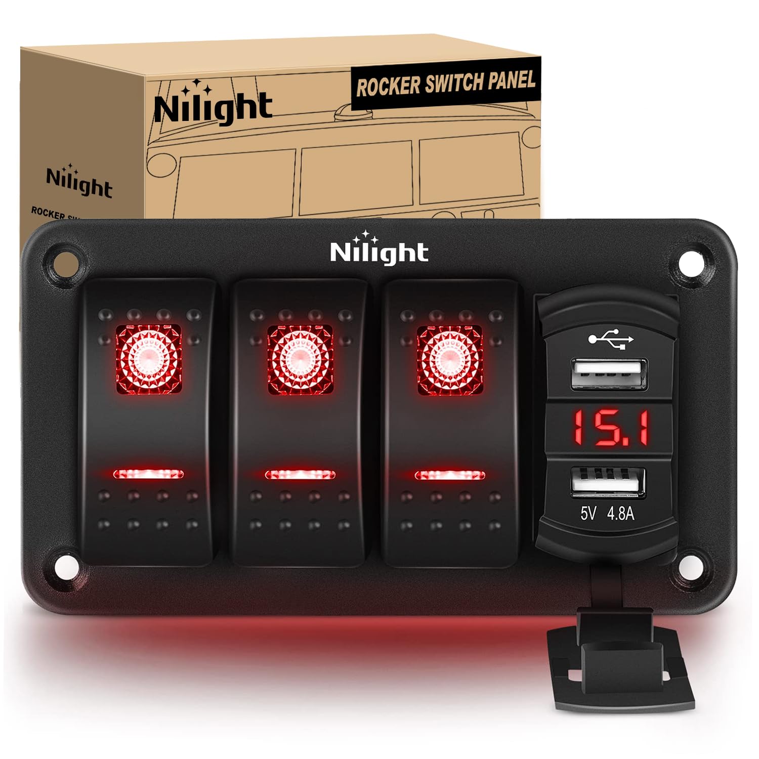 Snapklik.com : Nilight 3 Gang Rocker Switch Panel Green Backlit