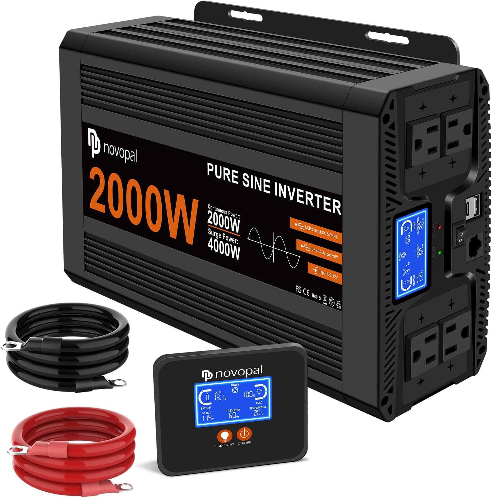 Amazon.com: Novopal 2000 Watt Pure Sine Wave Inverter DC 12V to 110V ...