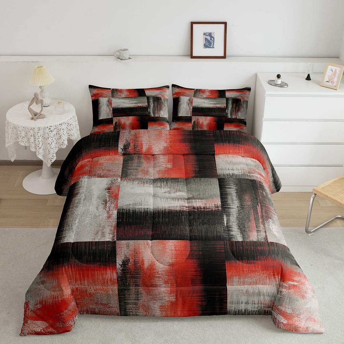 Amazon.com: Red And Black Grey Comforter Set Twin Watercolor Patchwork ...