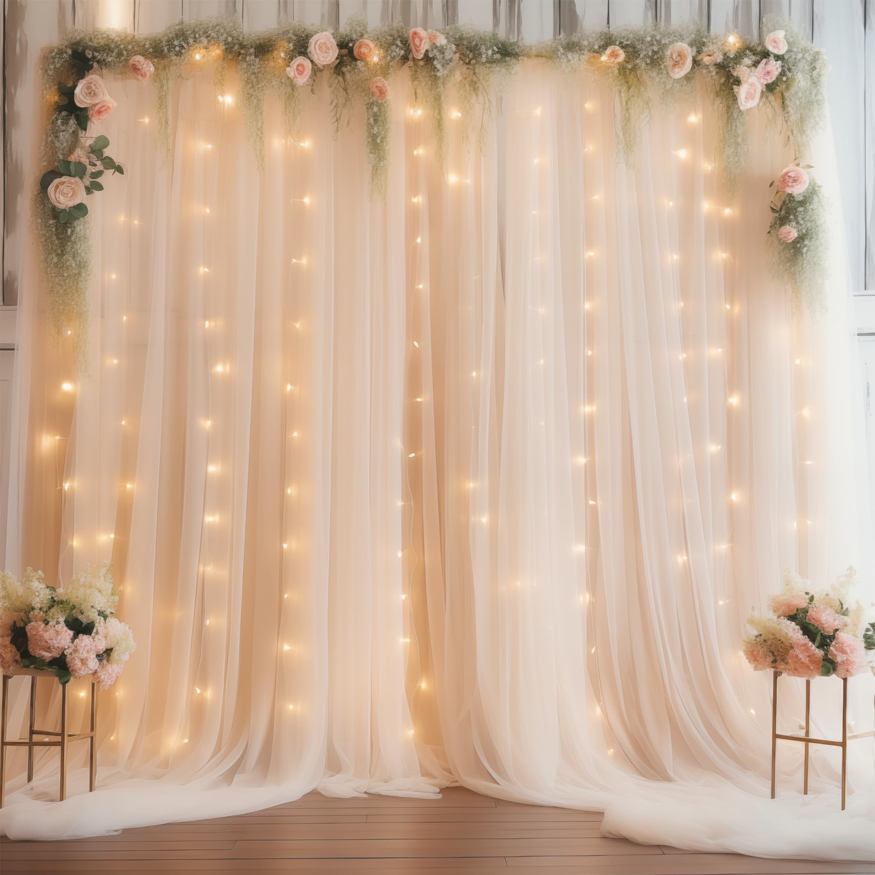 Amazon.com: 10x10ft Champagne Tulle Backdrop Curtain with Lights String ...