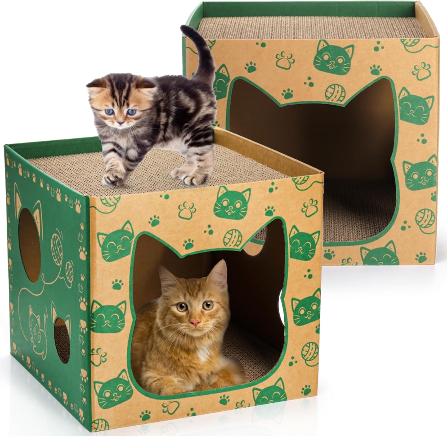Amazon.com : Pumtus 2 Pack Cardboard Cat Houses, Cat Play House with 2 ...
