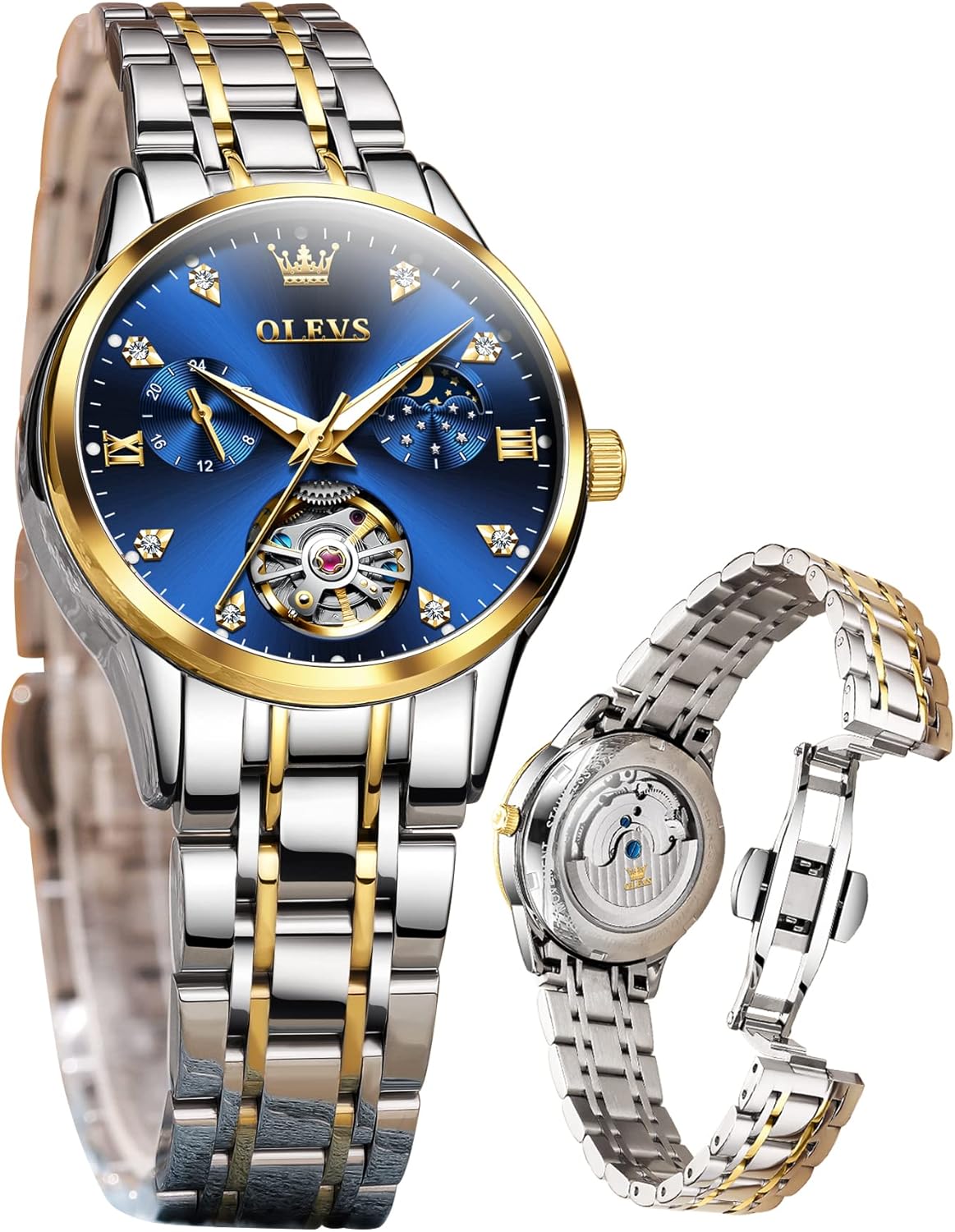 Amazon.com: OLEVS Automatic Women Watches Blue Diamond Tourbillon Dress Wrist Watches Moon Phase ...