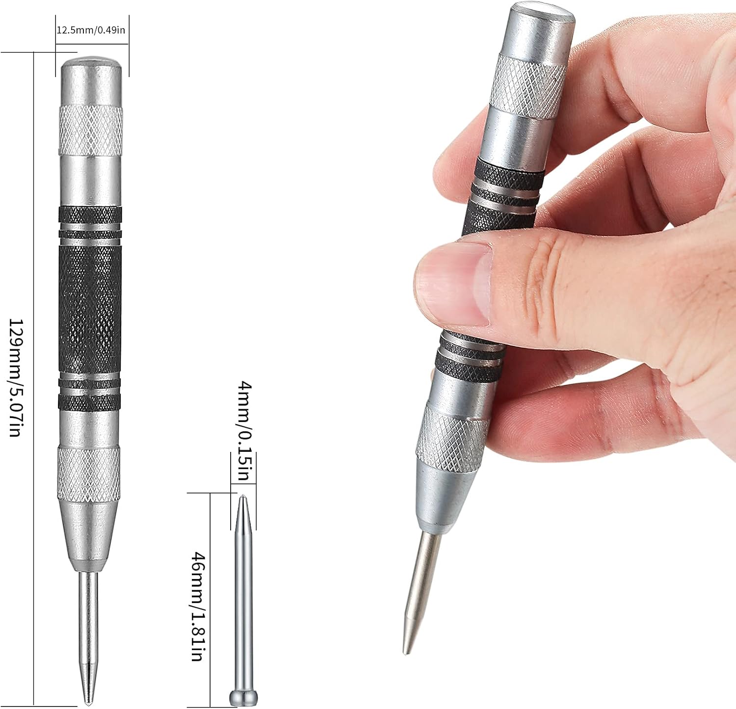 Automatic Center Punch, 2 Pcs Steel Spring Loaded Center Hole Punch ...