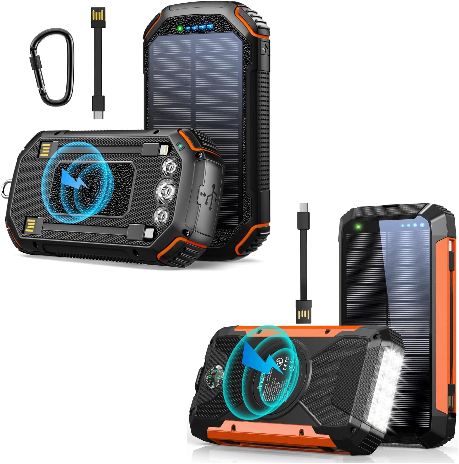 Amazon.com: Jinepin 2 Pack of Solar Phone Charger Power Bank 36000mAh & 38600mAh Wireless Solar ...