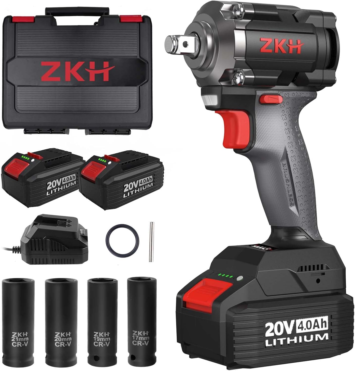 ZKH Cordless Impact Wrench 1/2 Inch, 20V Brushless High Torque Impact Gun w/ 3-Mode Speed, Max ...