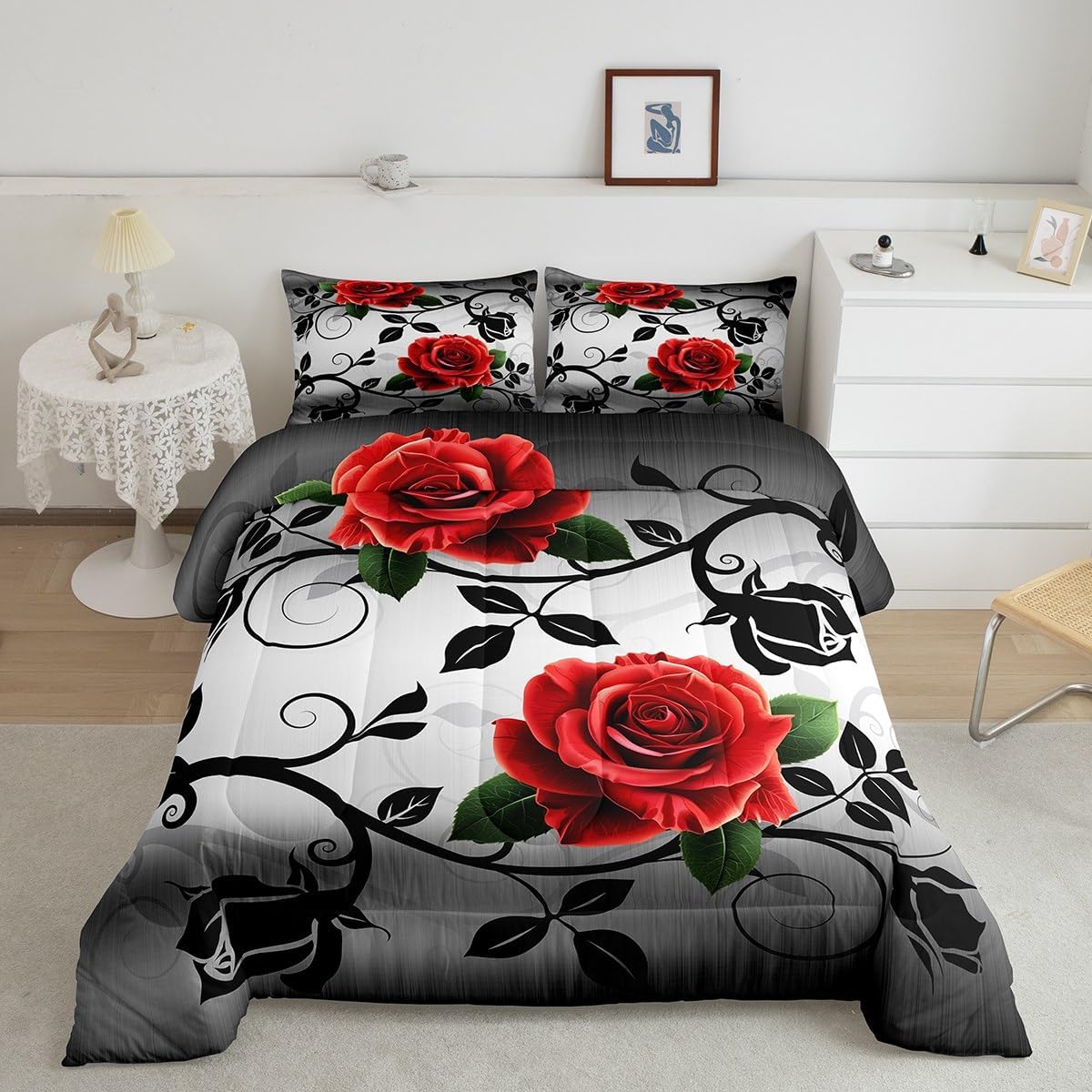 Amazon.com: Feelyou Red Rose Bedding Set King Size Floral Flower ...