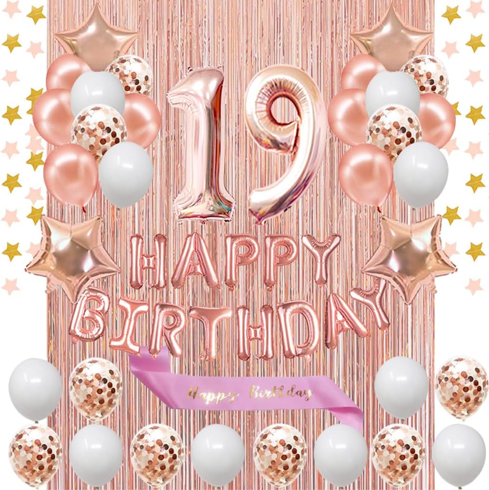 Amazon.com: Fancypartyshop 19th Birthday Decorations - Rose Gold Happy ...