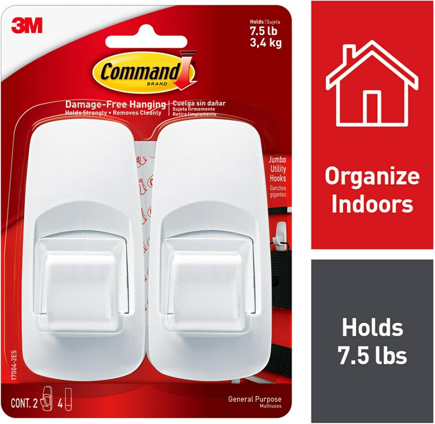 Amazon.com: Command Jumbo Utility Hooks, Damage Free Hanging Wall Hooks ...