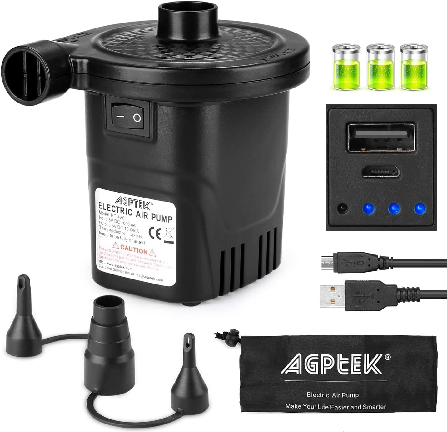 Rechargeable Air Pump, AGPtEK Electric Air Pump Quick-Fill Inflator ...