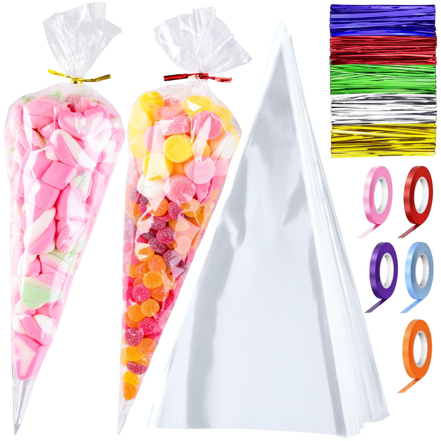 18x32cm Sweet Cone Bags with Twist Ties and Ribbons, 100Pcs Crystal ...