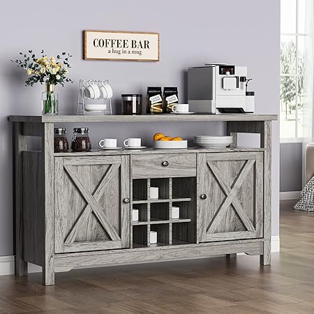 Amazon.com: 4 EVER WINNER Coffee Bar Cabinet with Barn Doors, Farmhouse Sideboard Buffet Cabinet ...