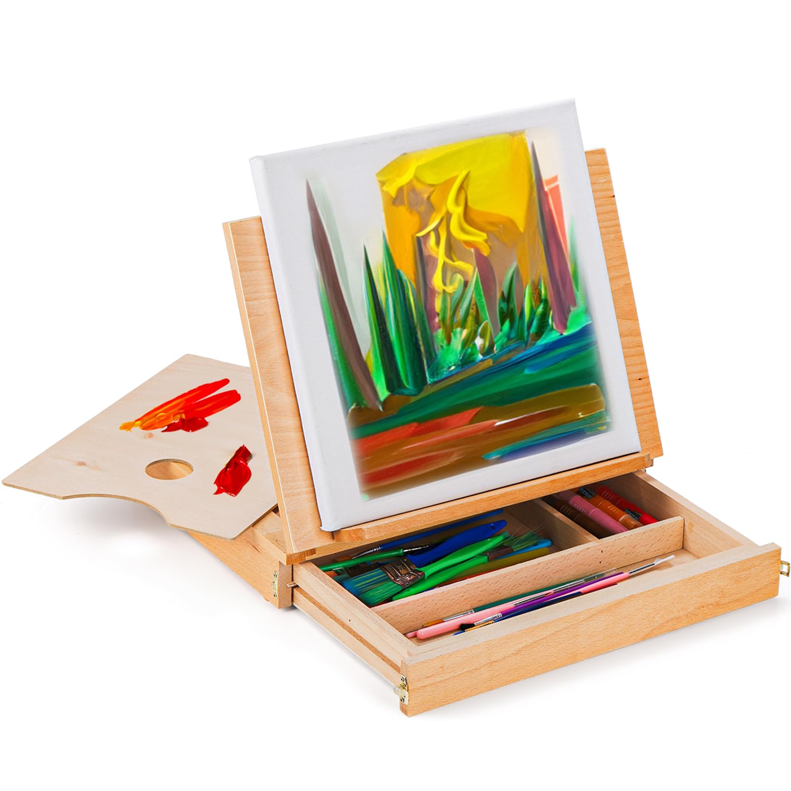 DEAYOU Wood Tabletop Easel Storage Box, Beechwood Portable Sketchbox ...