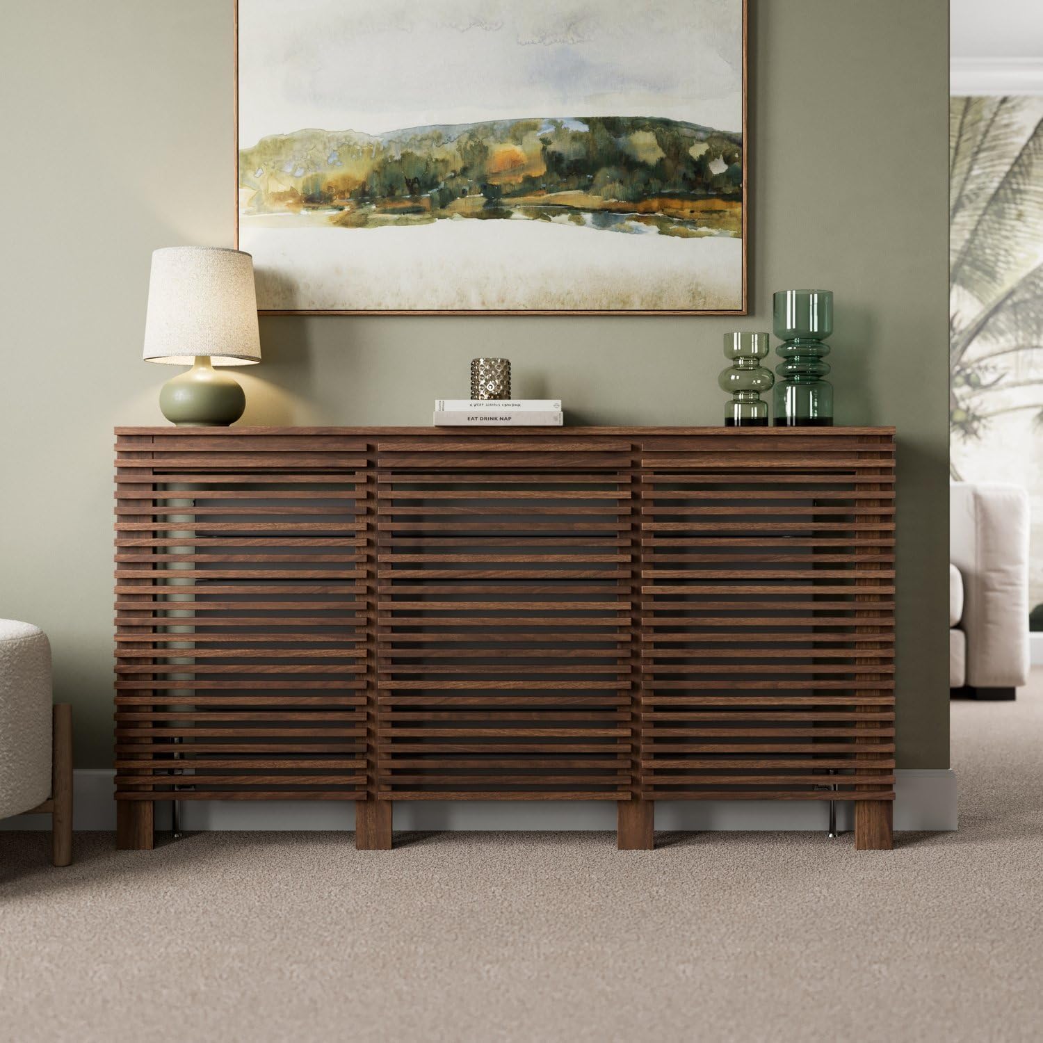 DuraTherm® Milan Radiator Cover Walnut Modern Horizontal Slat Shelves ...