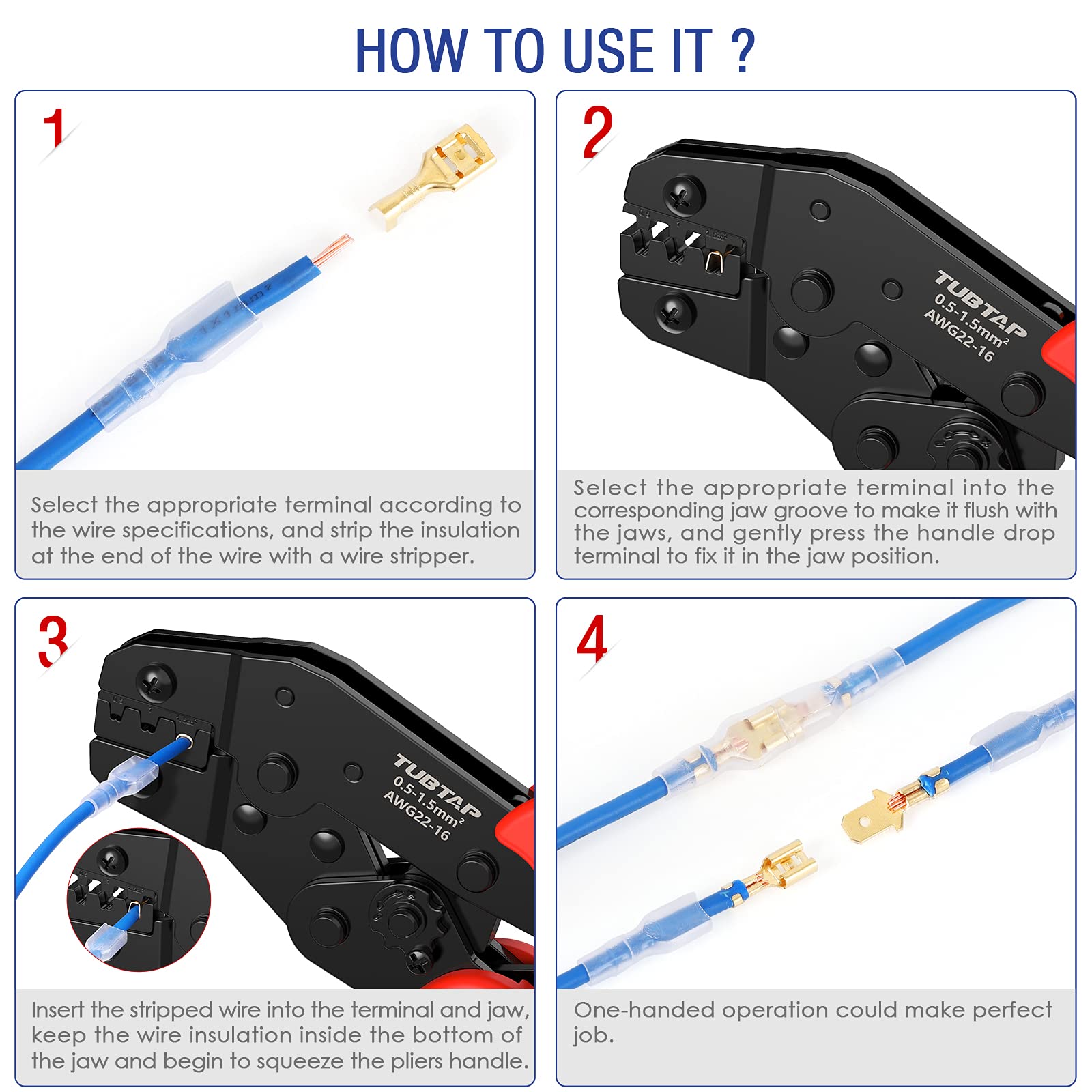 TUBTAP Pin Crimping Tool For Spade Bullet Connectors AWG 22-16(0.5-1 ...
