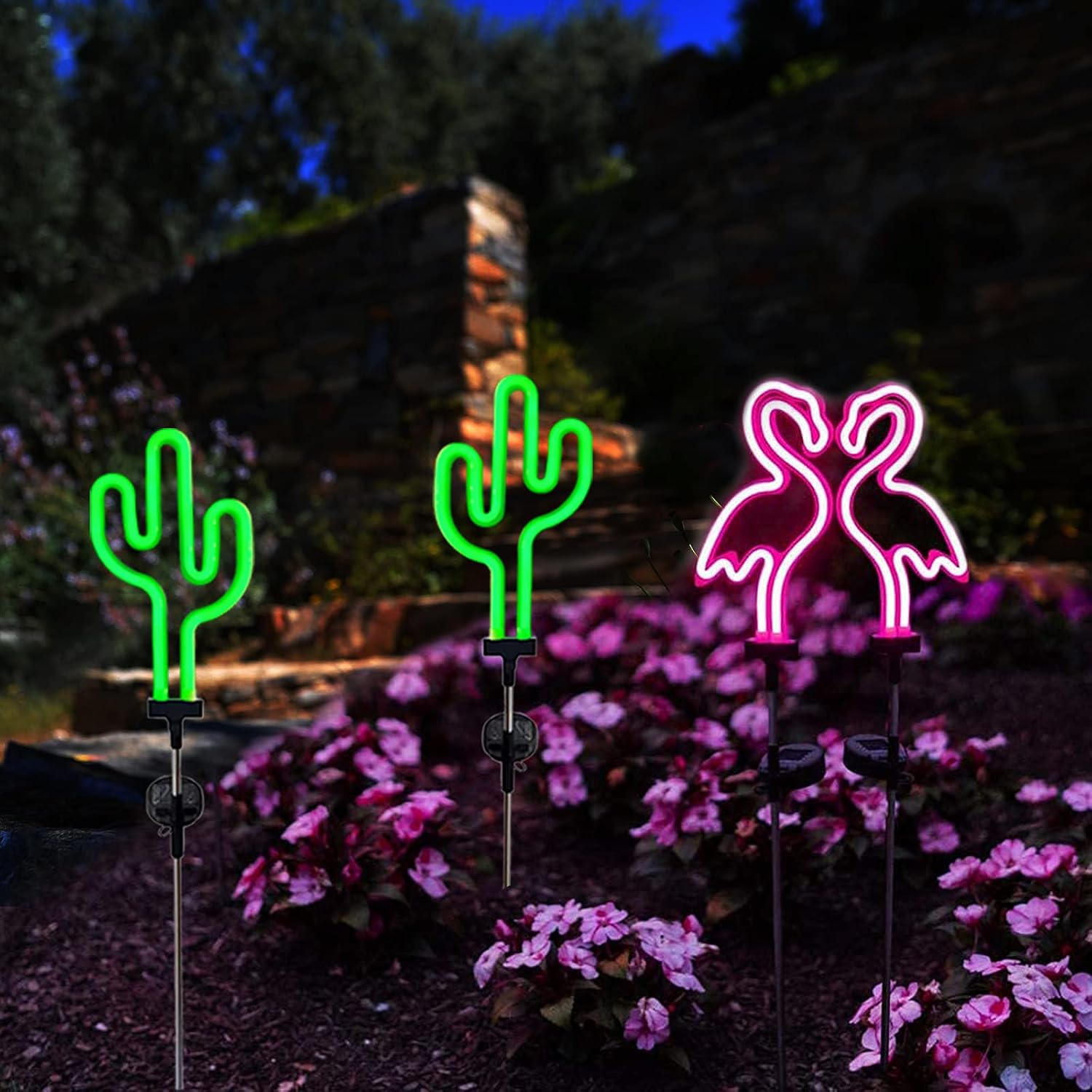 2 Solar Flamingo Yard Lights Garden Lights Waterproof LED Stake Lights ...