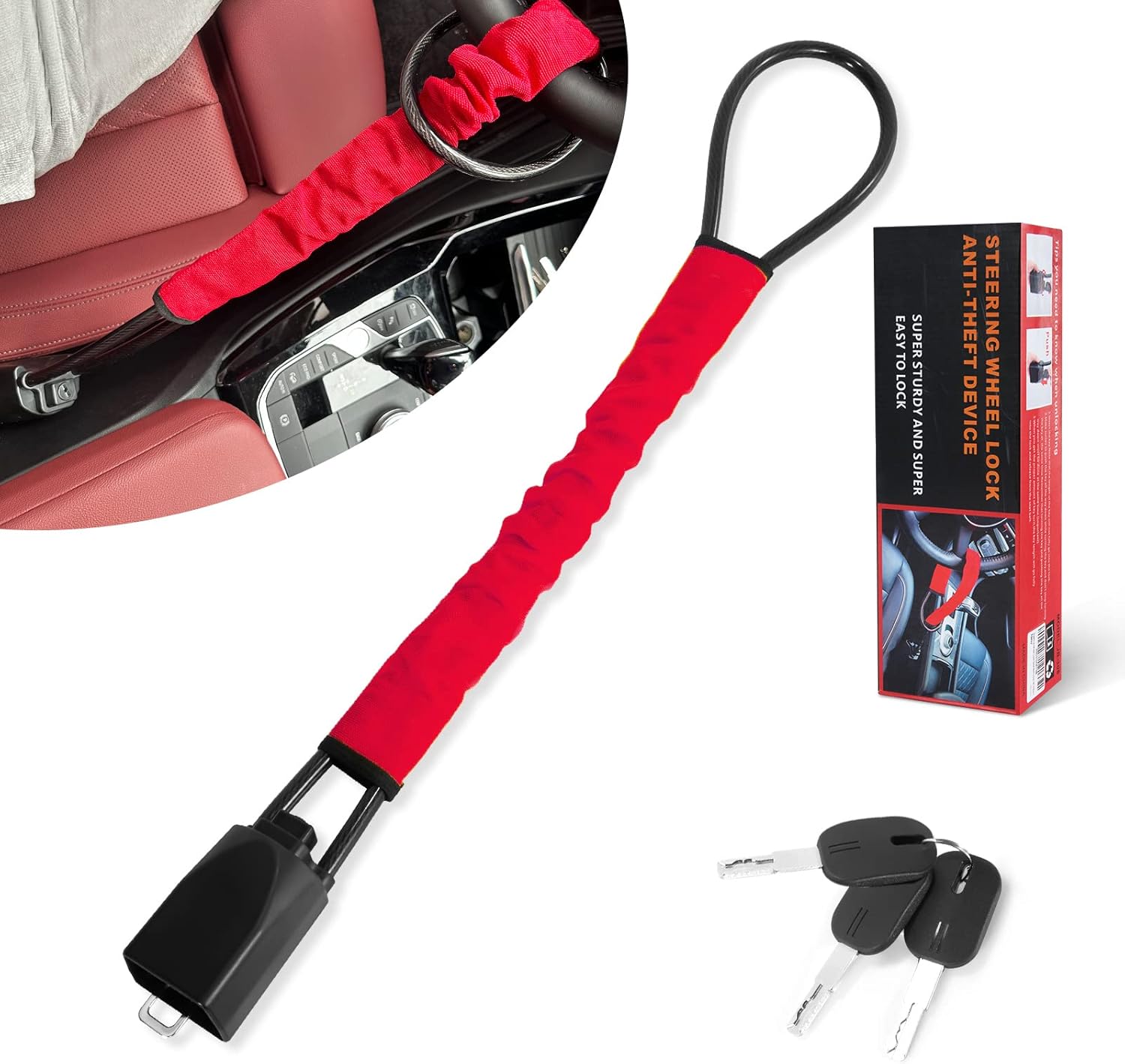 Amazon.com: KUBACRO Anti-Theft Steering Wheel Lock, Red, Key Lock ...