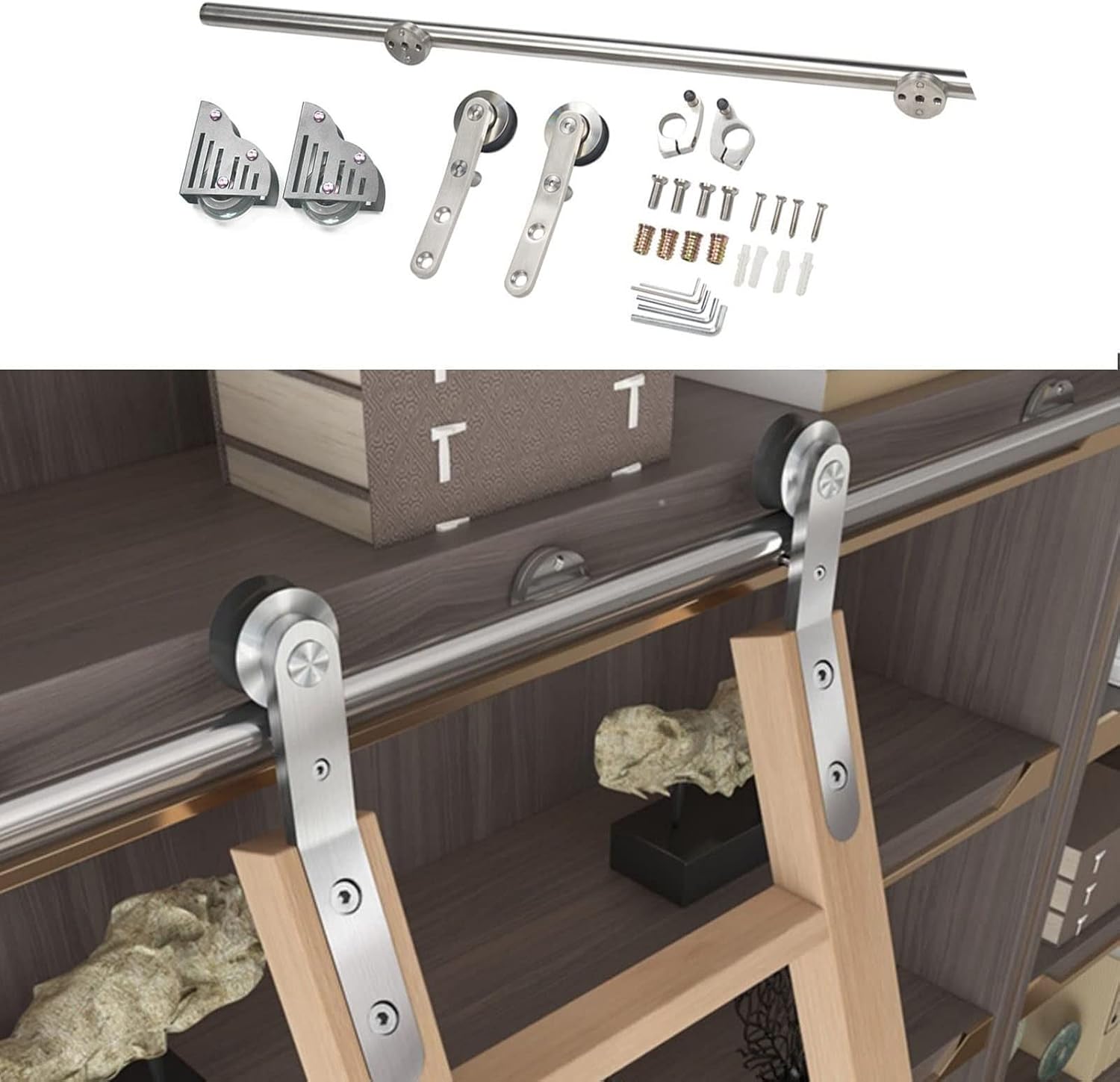 Amazon.com: Stainless Steel Library Slide Ladder Rails - Sliding Ladder ...