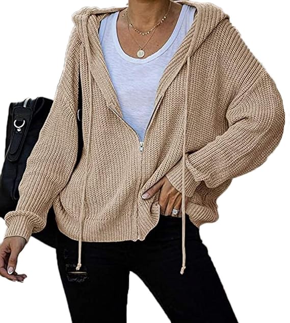 Women Hooded Cardigan Sweater Loose Knit Jacket Zip Up Lightweight Cute ...