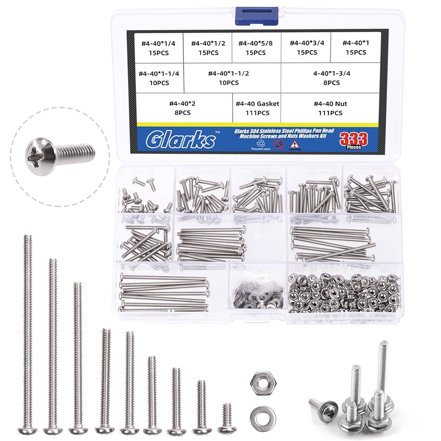 Glarks 333Pcs Machine Screw Assortment Kit #4-40 Stainless Steel ...