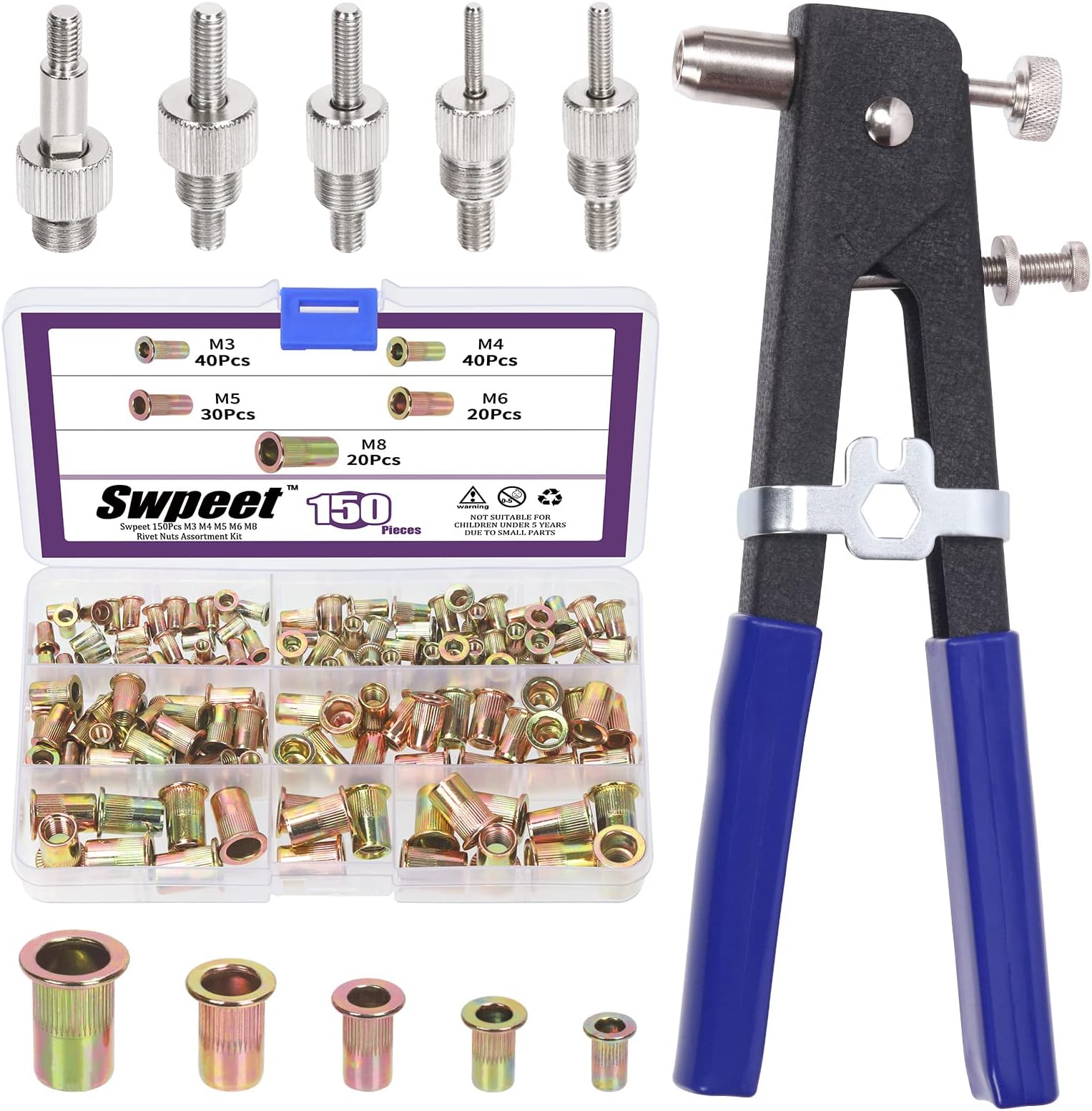 Swpeet Lot de 151 écrous à rivets M3 M4 M5 M6 M8 avec rivets manuels de ...