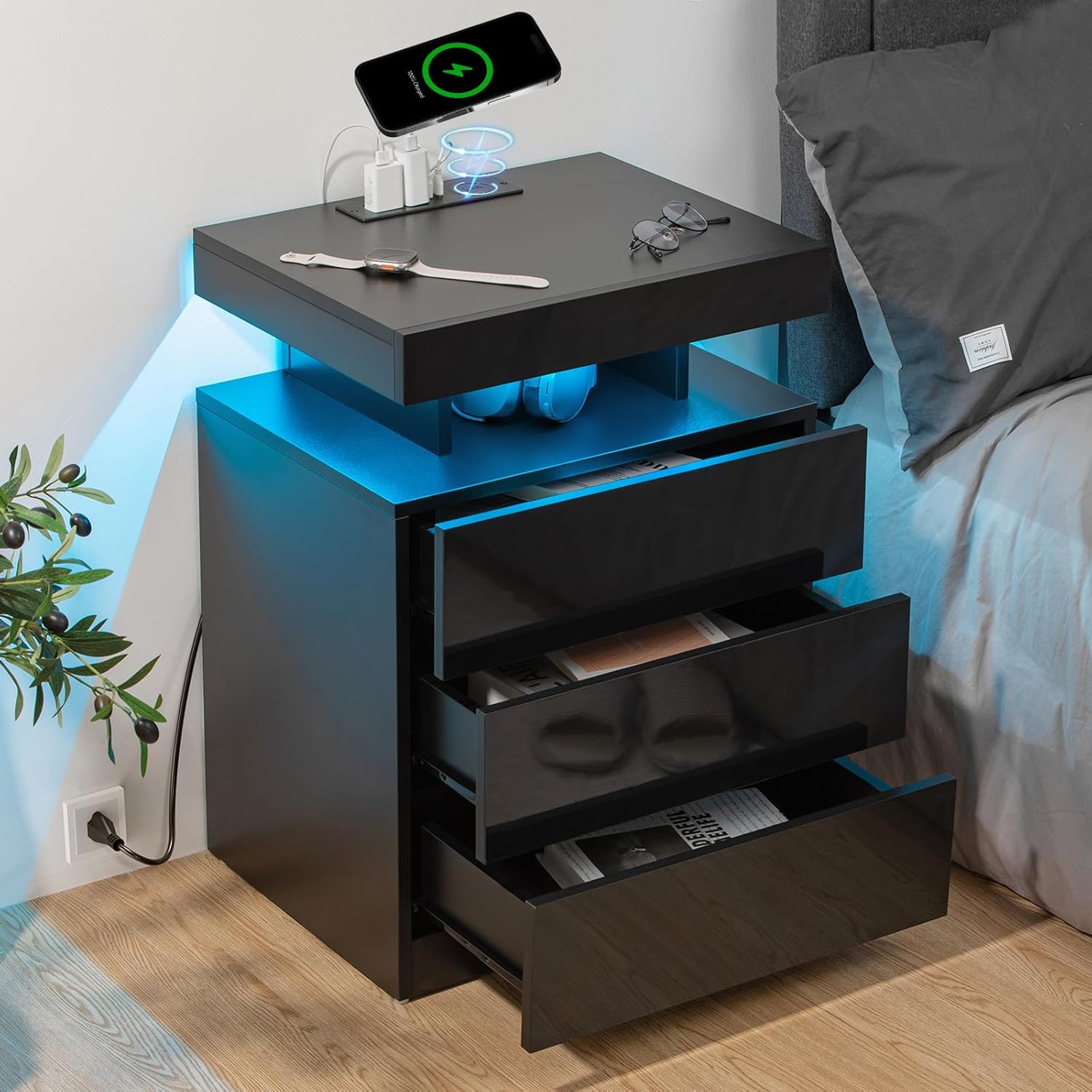 Amazon.com: HOMMPA Black Nightstand with Wireless Charging Station High ...