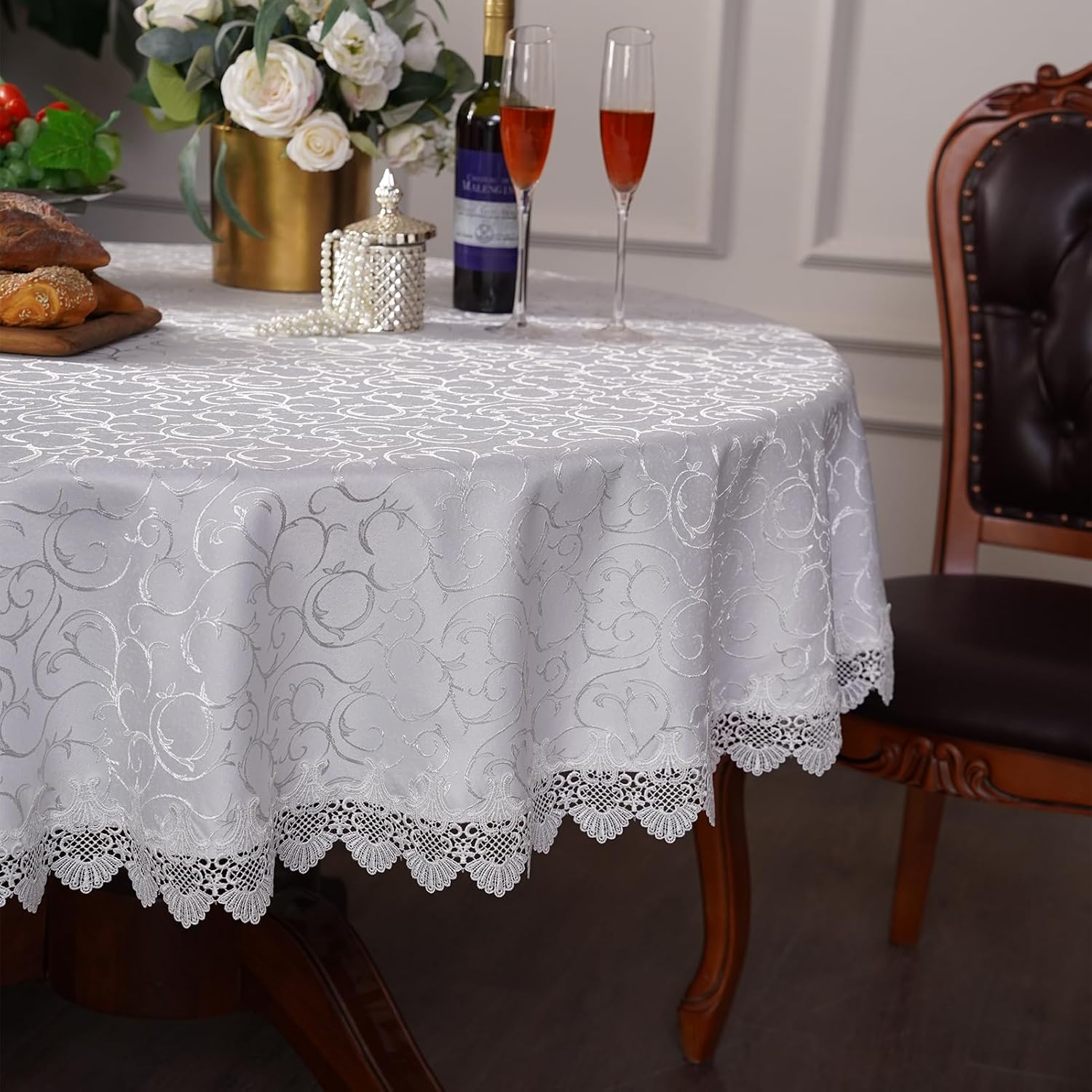 Amazon.com: Artbloss White Round Tablecloth Jacquard Table Cloth with ...