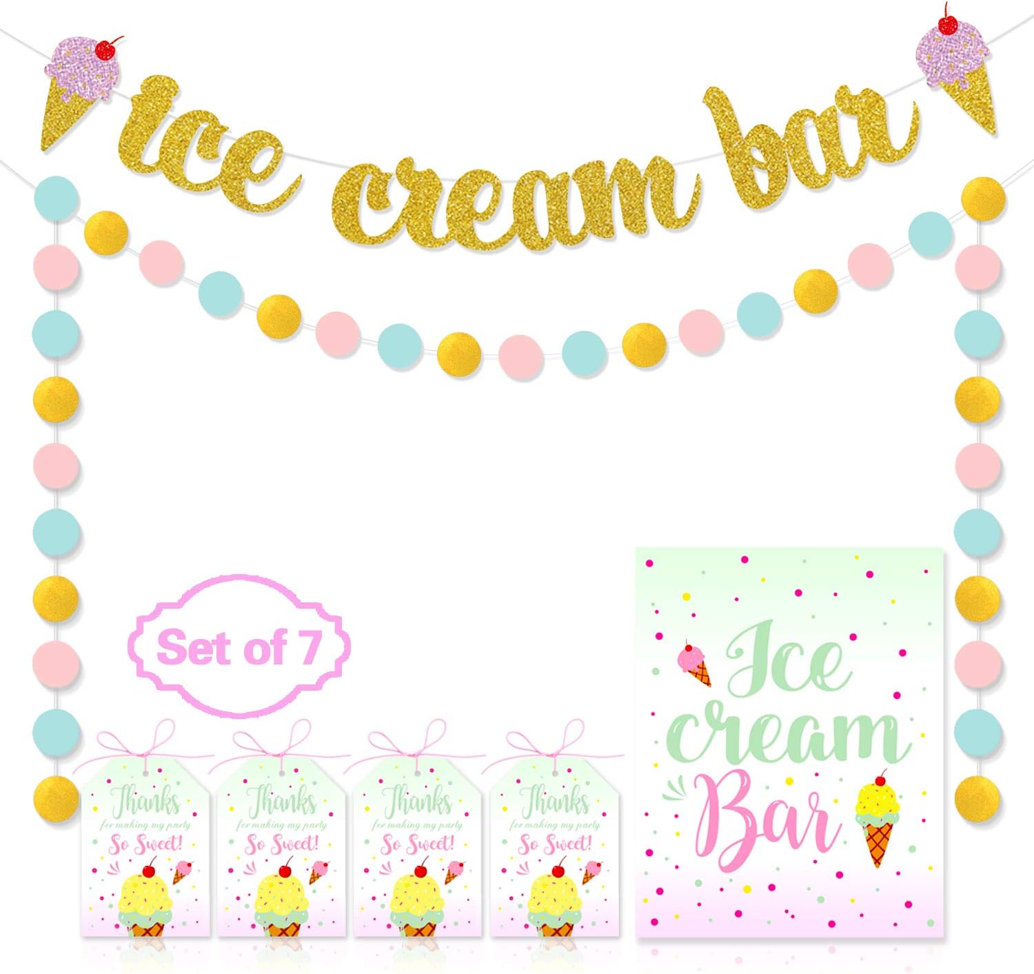 Amazon.com: Ice Cream Bar Decorations Kit Gold Glittery Banner Pink ...