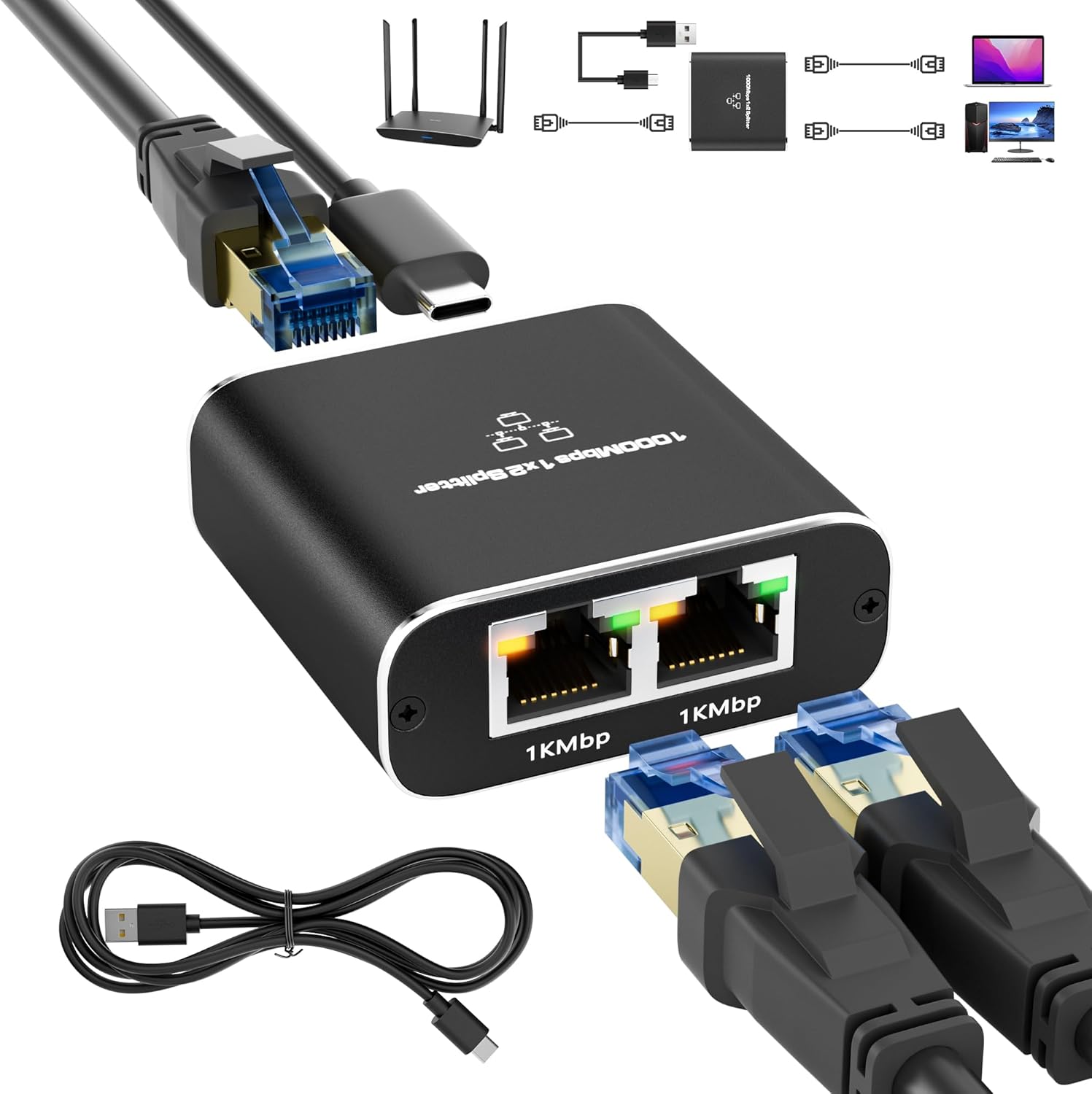 Amazon.com: Ethernet Splitter 1 to 2 Out Adapter, High Speed RJ45 ...