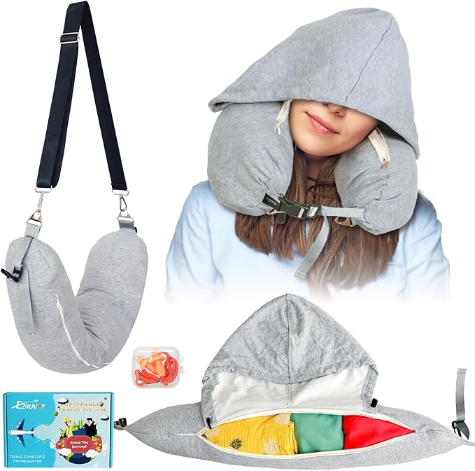 Amazon.com: Stuffable Neck Pillow for Travel with Hood, Hoodie Travel ...