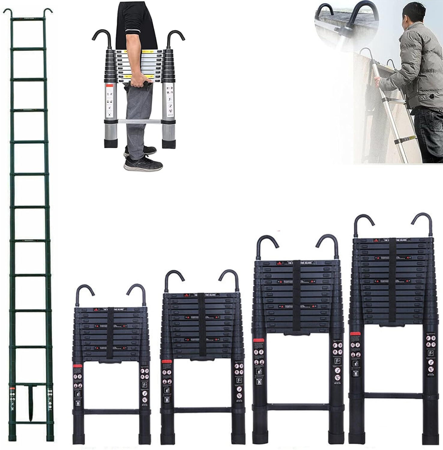 Telescopic Folding Ladder with hooks, 20.3FT Black Multi-Purpose ...