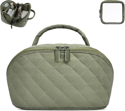 Amazon.com: Makeup Bag,Quilted Puffer Cosmetic Bag for Women, 180° Lay ...