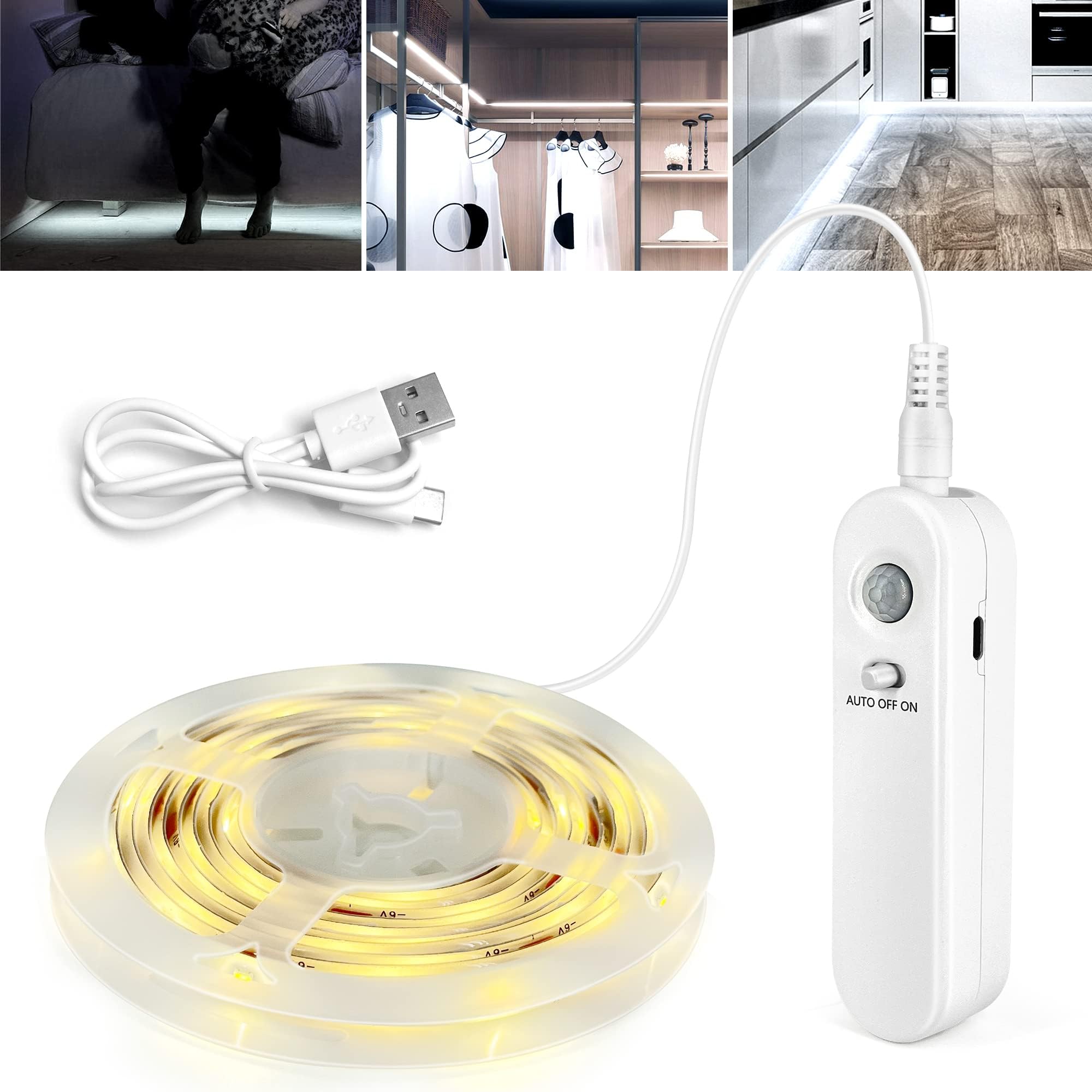 Enteenly 2M Rechargeable Motion Sensor LED Strip Lights, Warm White ...
