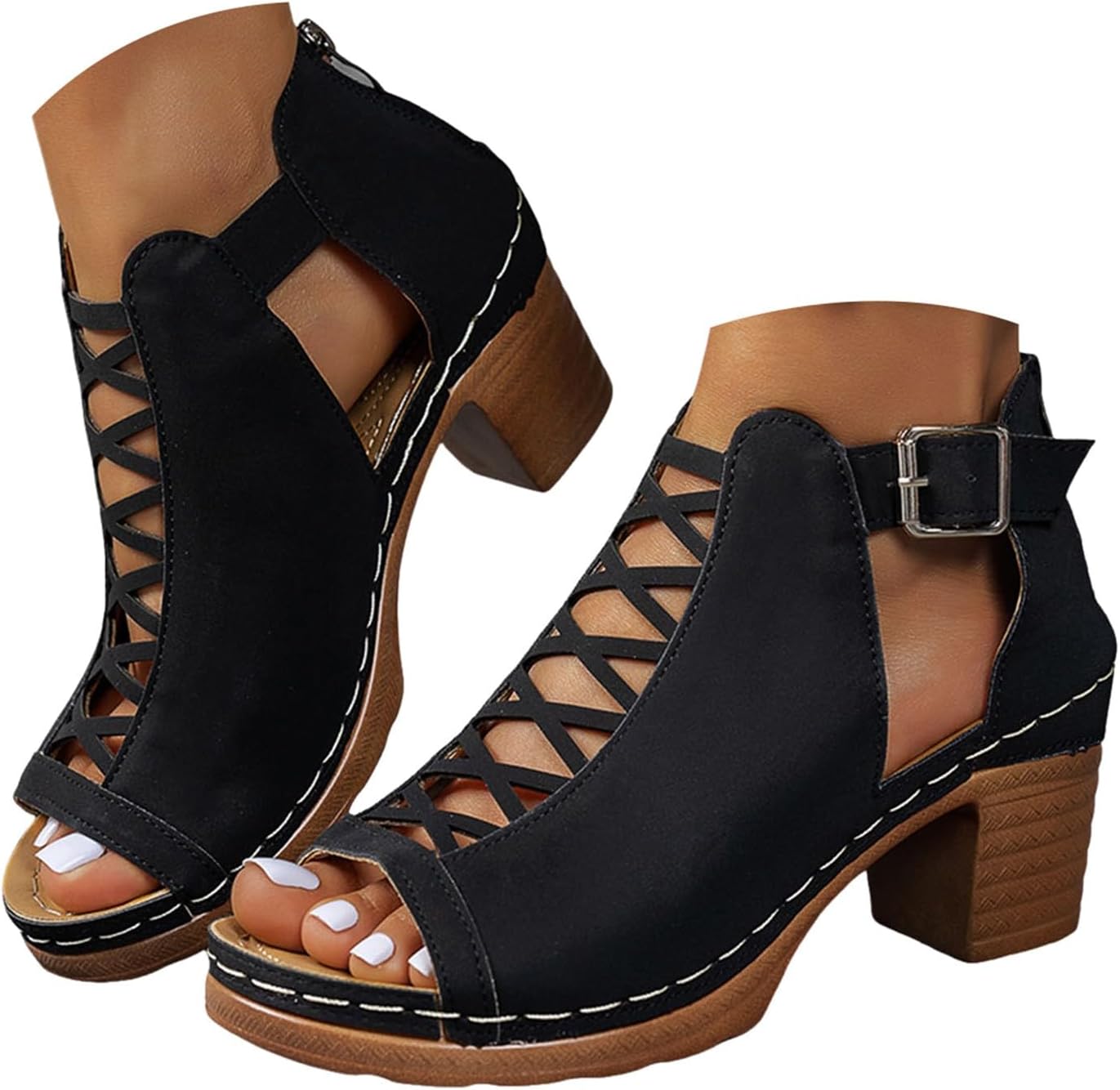 Amazon.com | Chunky Heeled Sandals for Womens Bohemian Cutout Open Toe ...