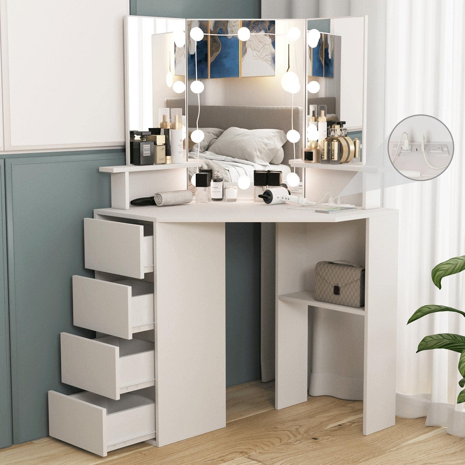 Amazon.com: Corner Vanity Desk with Lighted Mirror & Charging Station ...