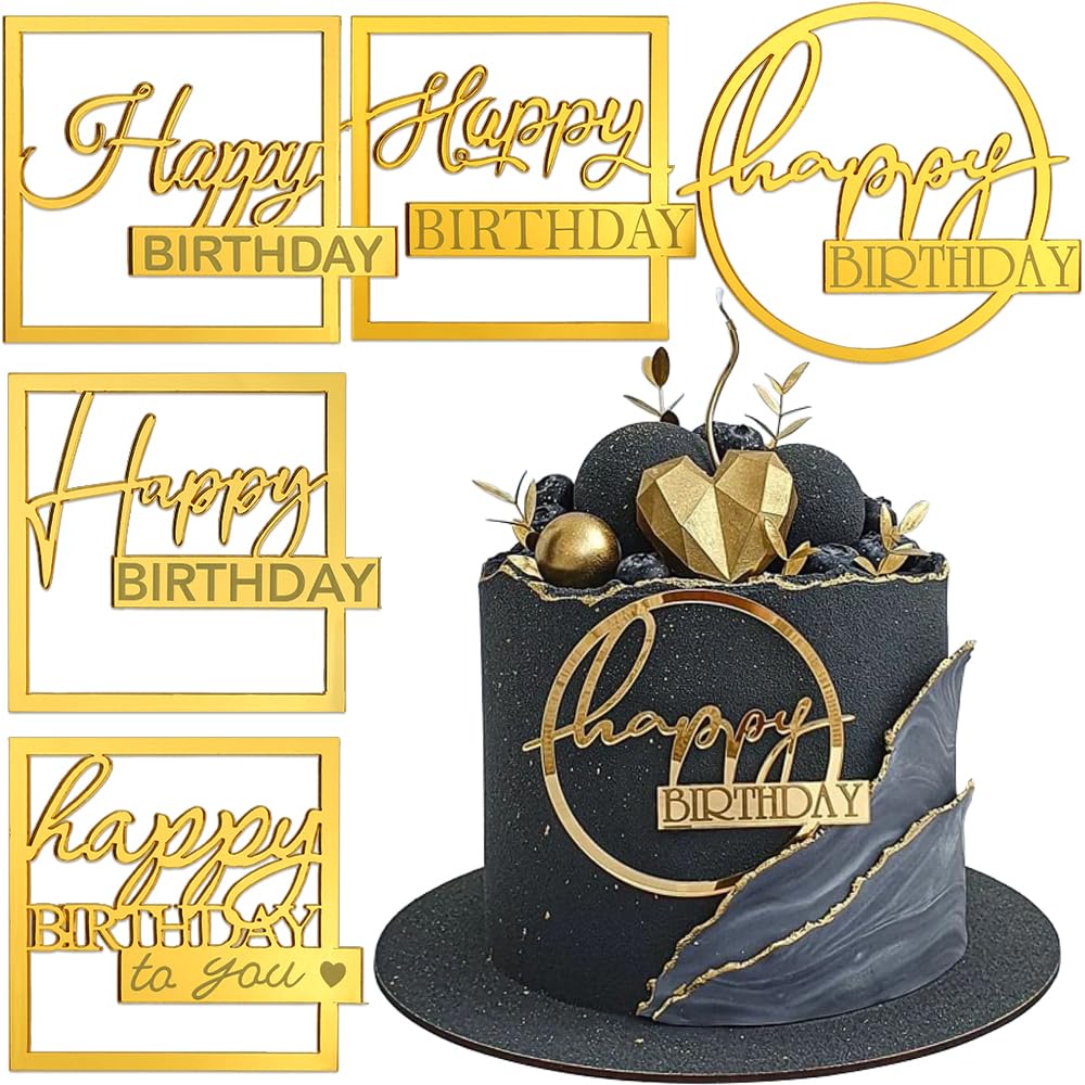 Happy Birthday Cake Topper Kryzalite® 8 Pieces Golden s, Mirror Acrylic ...