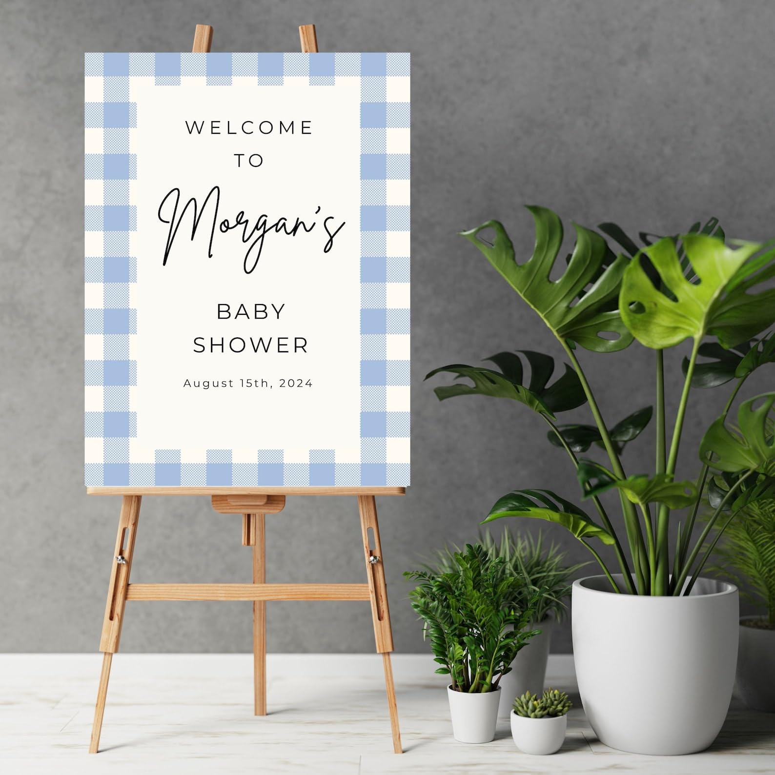 Amazon.com : Welcome Baby Shower Sign, Gingham Blue Baby Shower Welcome ...