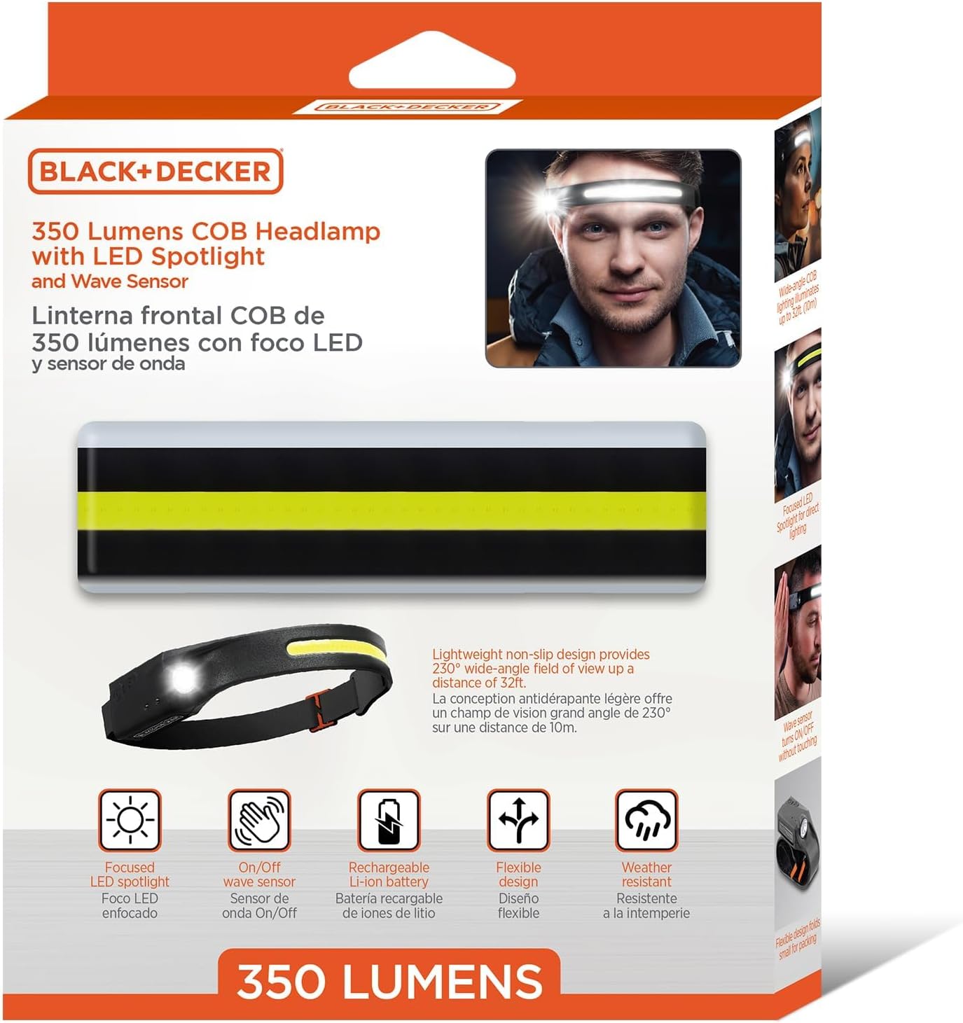 BLACK+DECKER 350 Lumen COB Headlamp with LED Spotlight and Wave Sensor ...