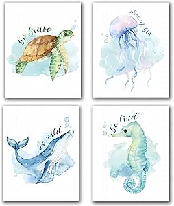Funny Watercolor Ocean Life Quotes Posters Wall Art Prints Set of 4 ...