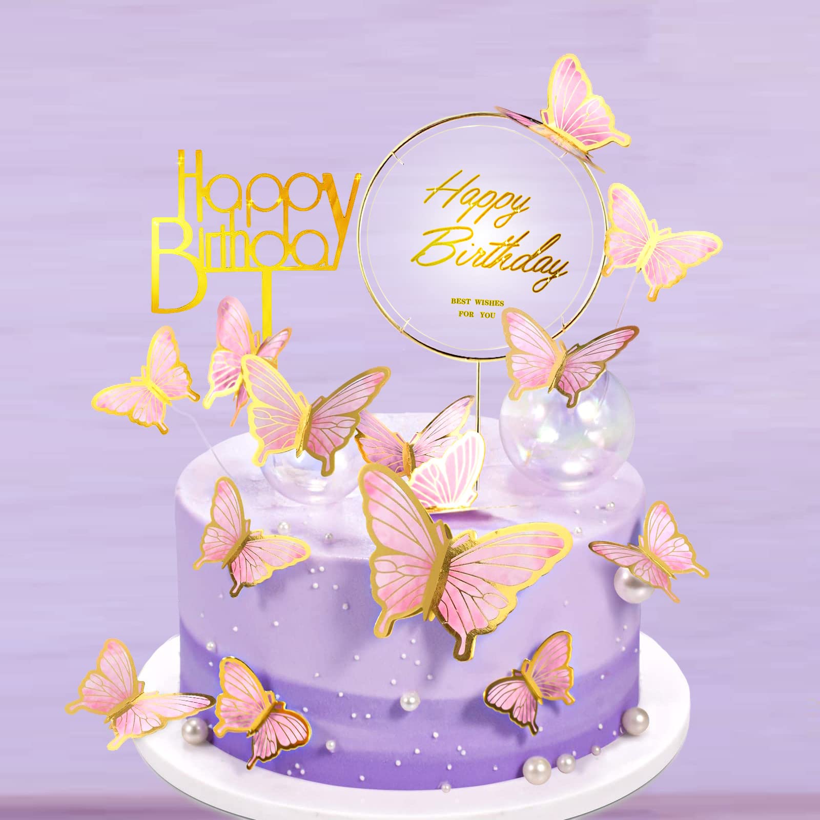 Amazon.com: Happy Birthday Pink Butterfly Cake Toppers,22 PCS Butterfly ...